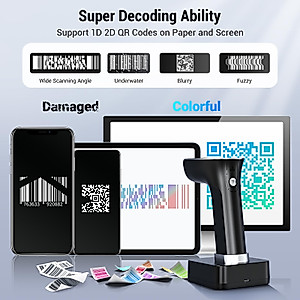 Tera Barcode Scanner Wireless with Screen: Pro Version 1D 2D QR with Digital Setting Keypad Power Switch Charging Cradle Works with Bluetooth 2.4G Wireless Bar Code Reader HW0015 Silver