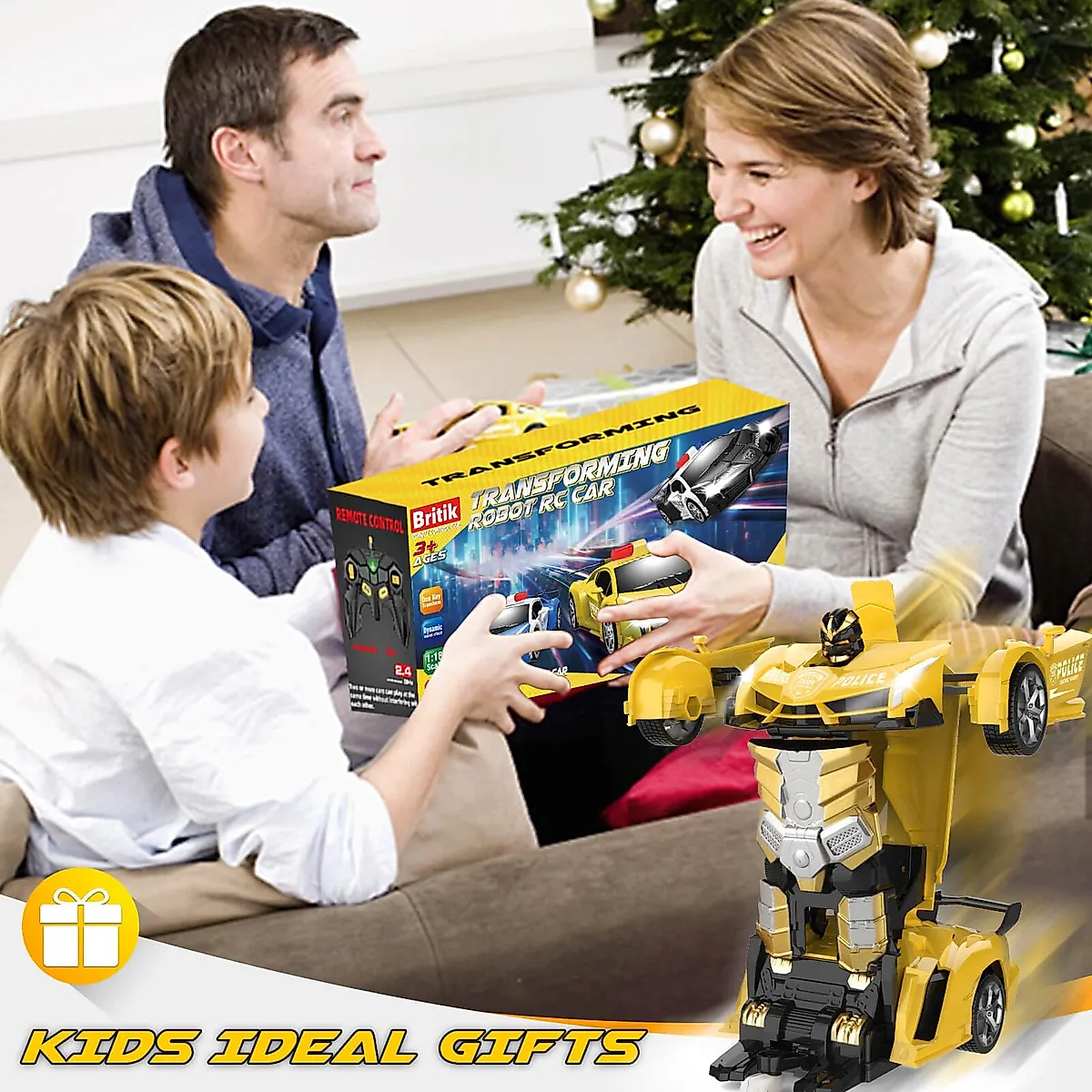 Britik Transform Remote Control Car - Rc Cars, One-Button Transforming, 360° Rotation Drifting, 2.4ghz 1:18 Scale, Gift Kids Aged 4-6 Year Old Boys/Girls, Police Car Yellow