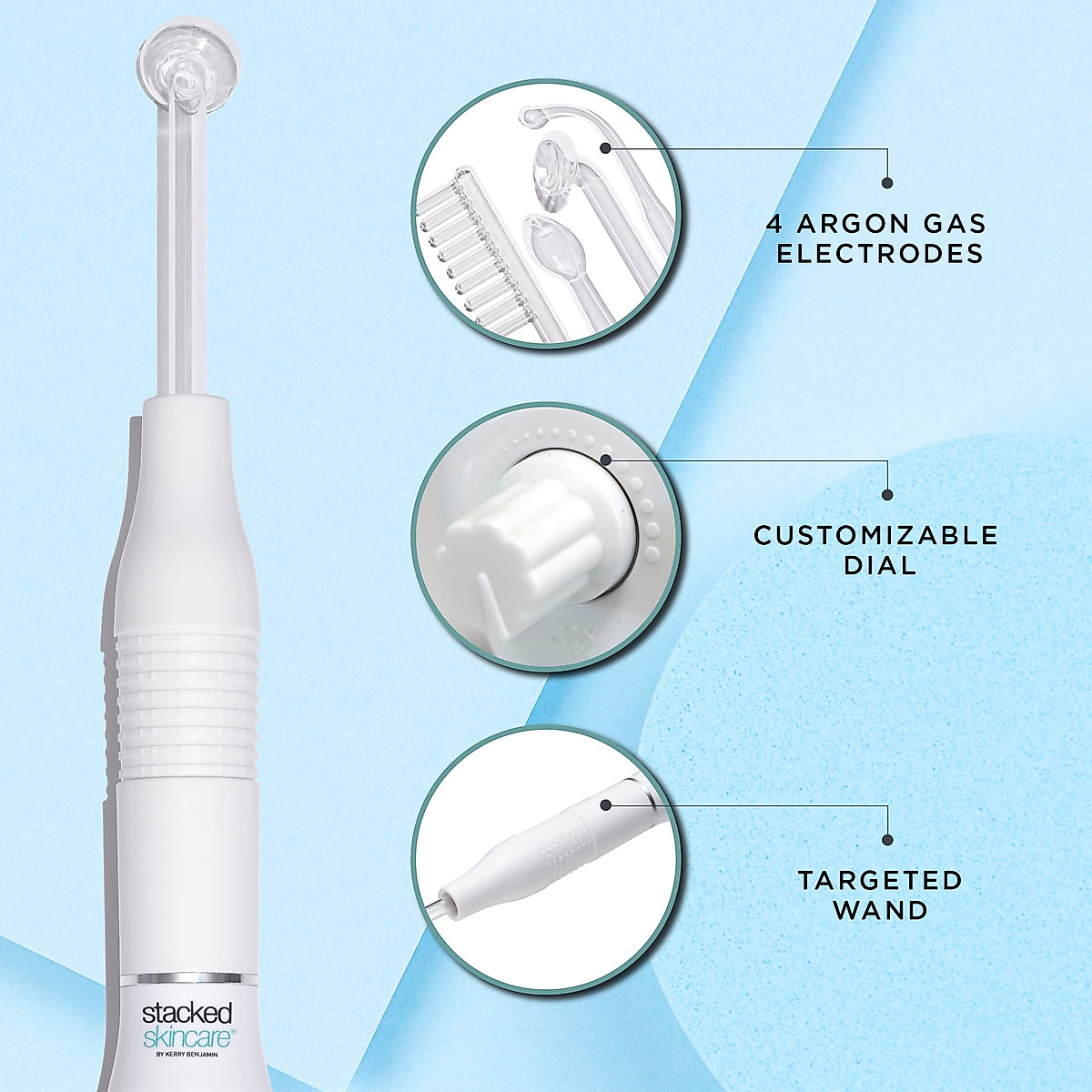 StackedSkincare High Frequency Wand for Acne, Face Tool to Clear Pores and Reduce Redness, Includes Gas Electrodes