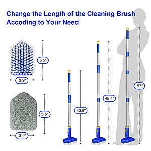 ITTAR Mutil-Purpose Scrub Brush with 3-Section Adjustable Long Handle, 56" Tub Tile Scrubber, 2-in-1 Shower Cleaning Brush & Sponge, Bathtub Cleaner Scrubber for Cleaning Walk-in Shower Bathroom