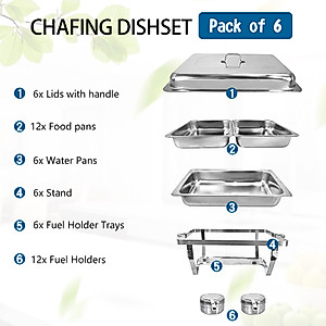Jacgood Chafing Dish for Buffet, 6 Pack Stainless Steel Chafing Servers Food Warmer Sets with 8QT Half Size Food Pan for Kitchen Party Banquet Dining