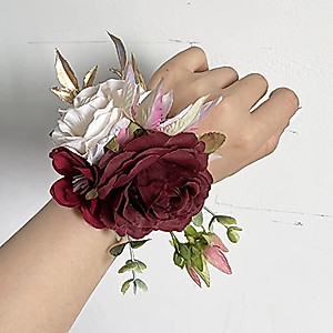 Rinlong Set of 6 Burgundy Wrist Corsage Wristlet Band Bracelet Wrist Flowers Wedding Bride Bridesmaid Flower Accessories Decoration