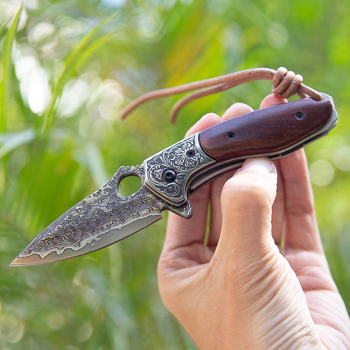 SPIRIT DEED edc pocket knife for men,2.5in japanese handmade vg10 damascus steel,rosewood handle,liner lock,leather sheath,folding knives for camping and hunting (rosewood, 2.8)