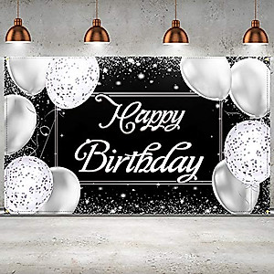 Happy Birthday Backdrop Banner Black and Silver Photography Background Happy Birthday Banner Large Birthday Party Sign Poster Photography Backdrop Party Decoration Supplies for Men and Women