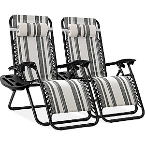 Best Choice Products Set of 2 Adjustable Steel Mesh Zero Gravity Lounge Chair Recliners w/Pillows and Cup Holder Trays - Gray Stripes