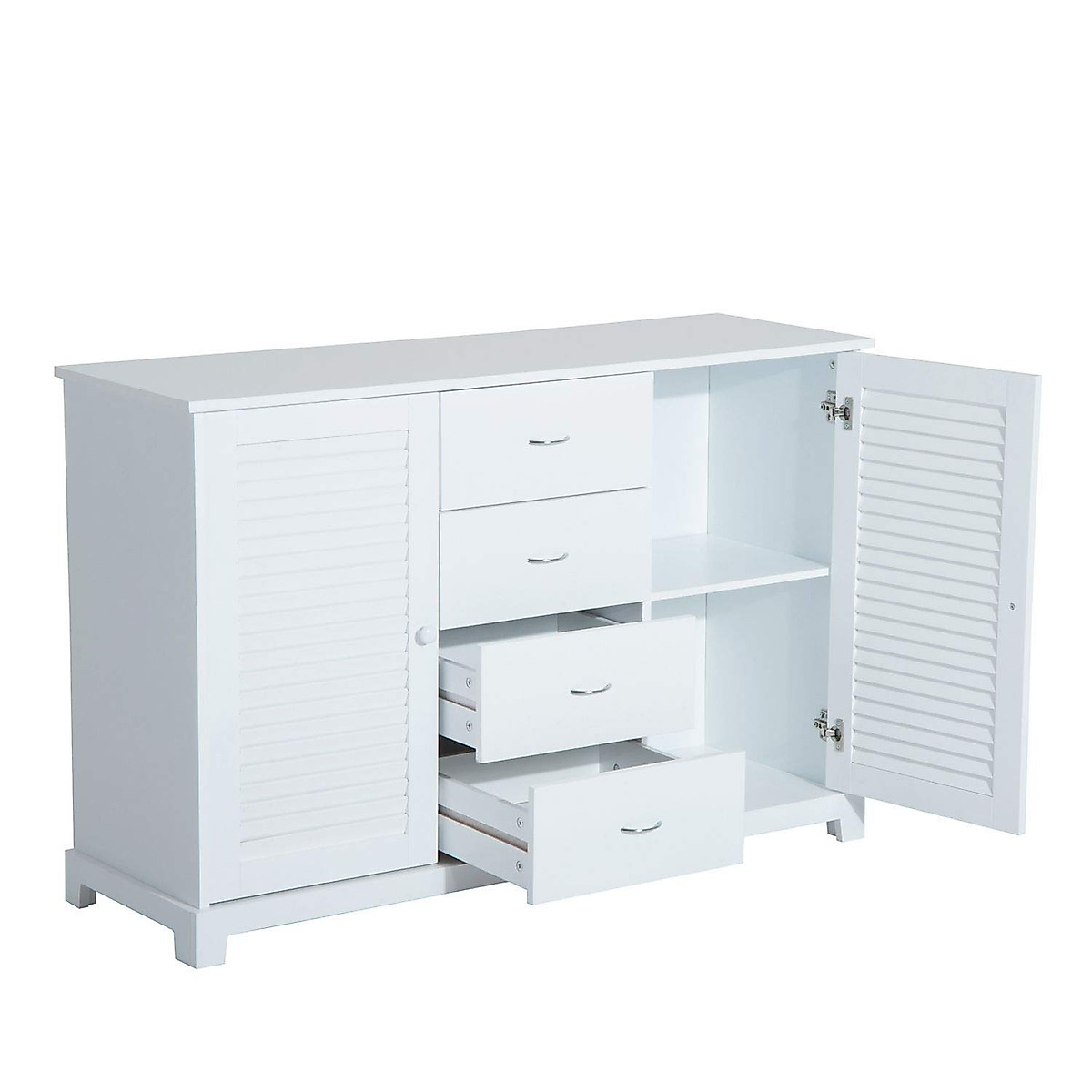 White Free Standing Storage Cabinet 2 Doors 4 Drawers Ample Storage Display Space Ideal for Bathroom Living Area Use Perfect for Storing Shampoo Towels Other Bathroom Accessories Or Daily Items