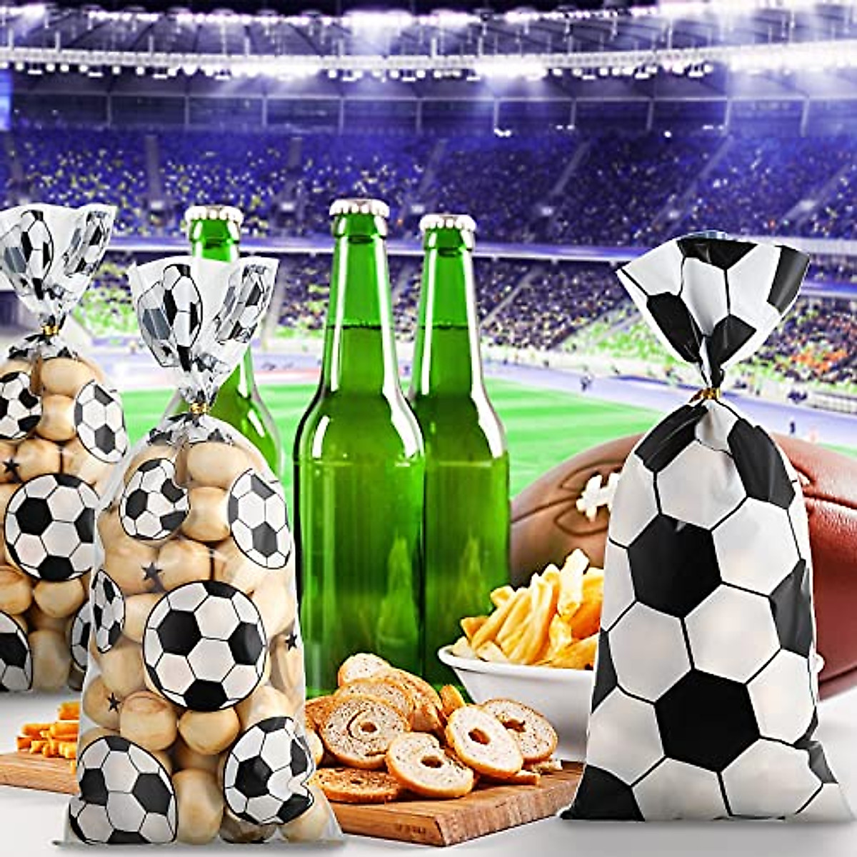 100 Pieces Soccer Ball Treat Bags 2 Designs Soccer Goodie Bags Football Cellophane Bags Party Favor Gift Bag with 100 Pieces Twist Ties for Kids Soccer Themed Birthday Supplies