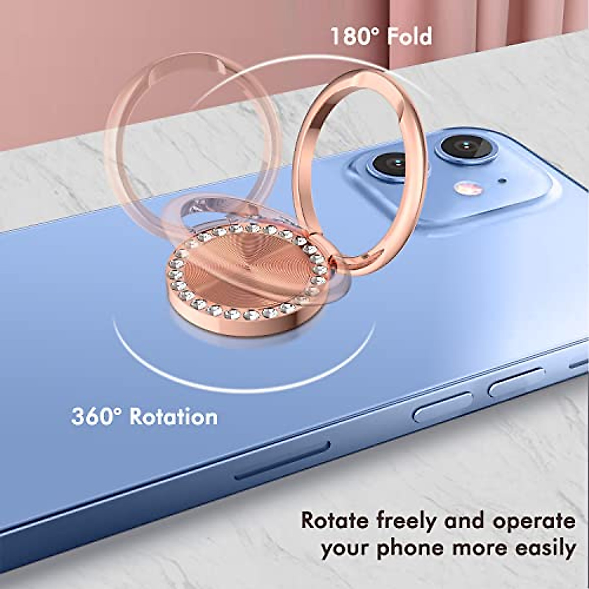 Dremmiwin Cell Phone Ring Holder with Crystal, Phone Ring Grip, 360° Rotation Finger Kickstand for iPhone and Android Phone, Rose Gold