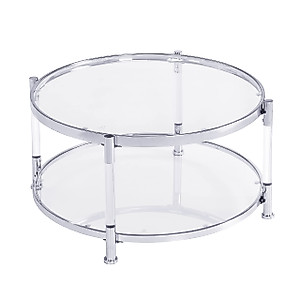 MISPACIO Tempered Glass Round Coffee Table, 32" Modern Acrylic Legs Circle Coffee Table with Clear Glass Top for Storage, Circular Center Table with Open Shelf for Living Room