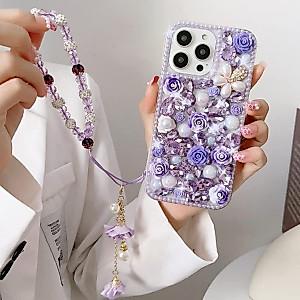 Changjia for iPhone 14 Pro Max Glitter Bling Case, Girly Cute Luxury 3D Crystal Rhinestone Flowers Diamond Pearl with Lanyard Wrist Strap Women Girls Case Cover for iPhone 14 Pro Max 6.7 inch (Purple)