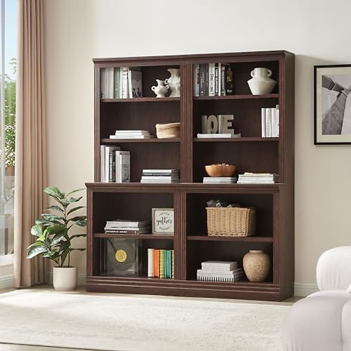 JAHRSTIM Multi-Depth Bookshelves and Bookcase Floor Standing 5 Tier Display Shelves Organizer and Storage, 72in Tall Bookshelf for Home Office, Living Room, Bed Room, Kitchen, Dark Cherry
