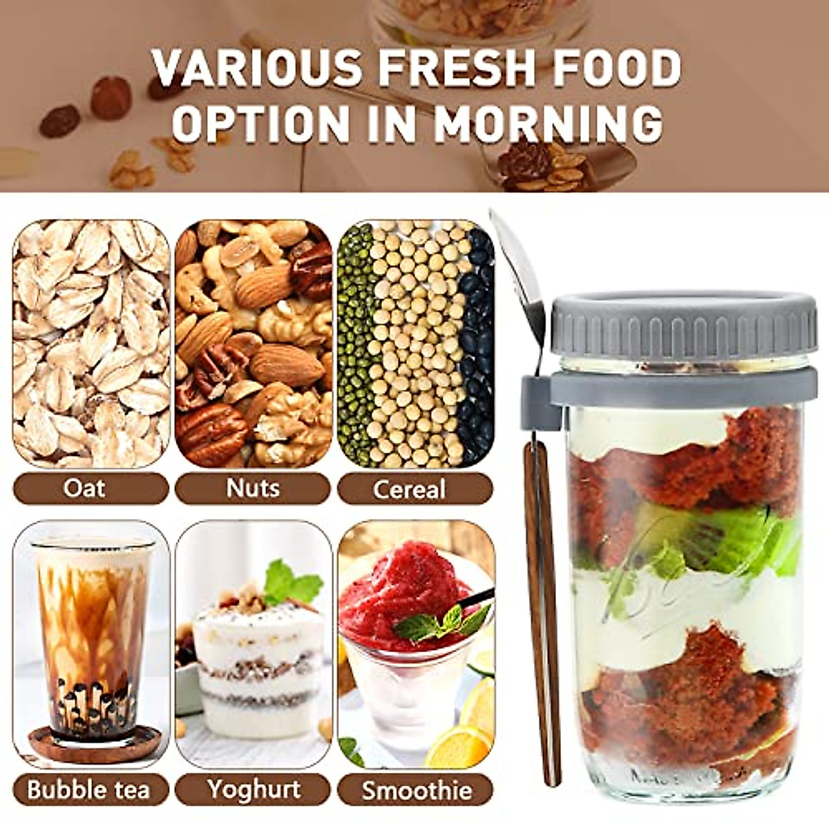 Overnight Oats Containers with Lids and Spoon 2Pack 20OZ Overnight Oat Jars with Measurement Marks Larger Glass Airtight Oatmeal Container Wide Mouth Mason Jars for Meal Prep Chia Yogurt Salad Cereal