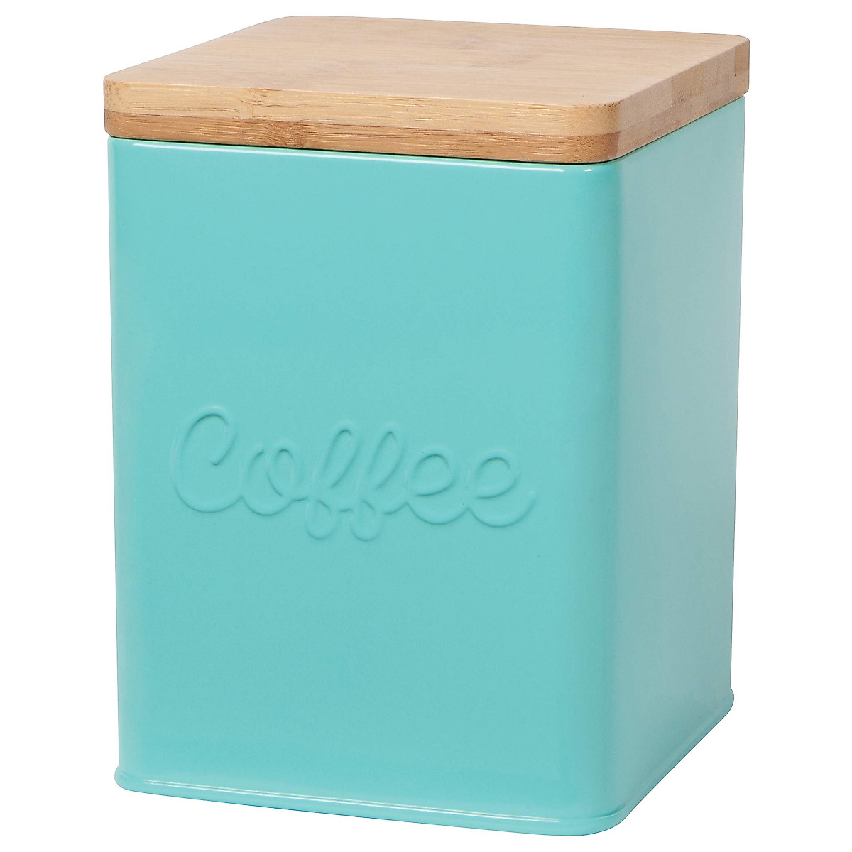 Now Designs Square Coffee Tin, Turquoise, Vintage Script Print