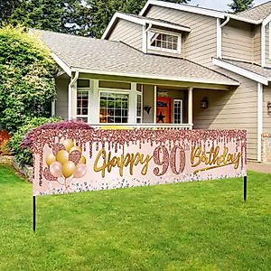Excelloon 90th Birthday Banner Decorations for Women, Pink Rose Gold Happy 90 Birthday Yard Banner Party Supplies, 90 Year Old Bday Background Sign for Outdoor Indoor