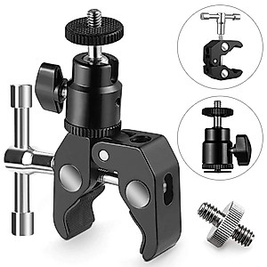 SLOW DOLPHIN Photography Super Clamp with Camera Clamp Mount Ball Head Clamp and Mini Ball Head Hot Shoe Mount Adapter with 1/4'' -20 Tripod Screw for Monitor, LED Lights, Flash Light,Microphone