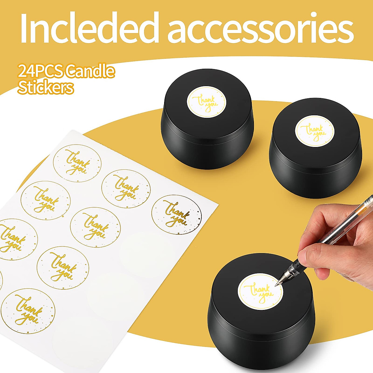 Candle Tin with Lids Candle Jars Portable Round Candle Tin Container Large Candle Metal Tin with 24 Thank You Sticker for DIY Bulk Candle Making Kitchen Candy 24 Pieces 8 oz (Black)