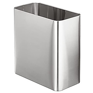 mDesign Stainless Steel Slim Rectangular Modern Metal 2.6 Gallon/10 Liter Trash Can Wastebasket, Garbage Container Bin for Bathroom, Bedroom, Kitchen, Home Office; Holds Waste, Recycling - Chrome