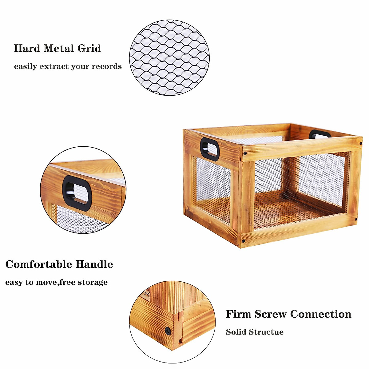 AMMKARE Vinyl Record Storage Crate Wooden Record Holder, Wooden LP Record Storage Box Album Shelf Vinyl Record Storage Cube Record Record Organizer Box Storage