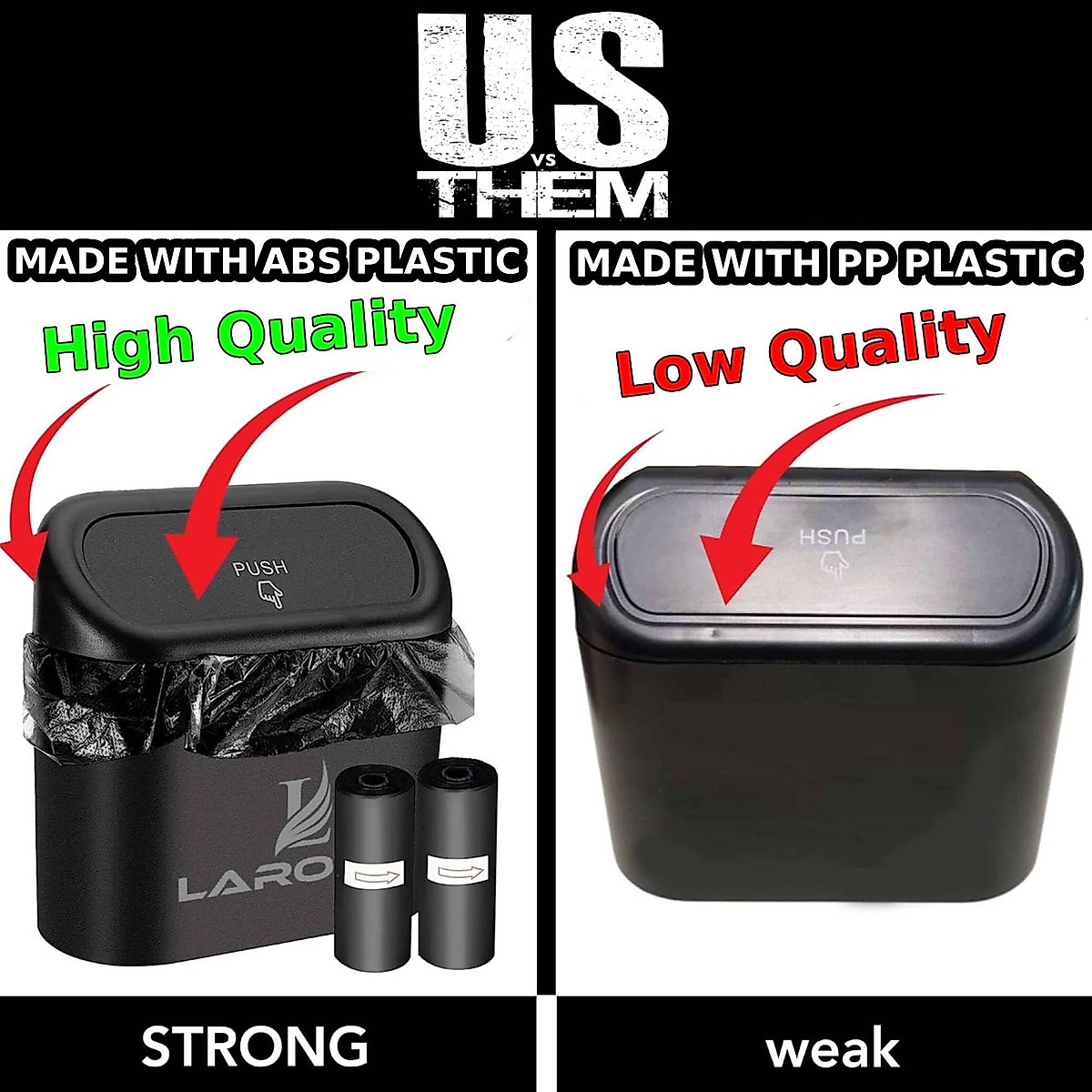 Laroba Car Trash Can with Lid - Mini Auto Dustbin Garbage Organizer | Two Roll Plastic Trash Bags | Automotive Garbage Container Bin for Vehicle, Home, Office