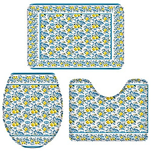 3 Piece Bathroom Rugs Sets Lemon Baroque Non-Slip Toilet Lid Cover for Bathroom Yellow Blue Flowers Watercolor Absorbent Contour Mat with Rubber Backing Floor Mats for Shower -Large