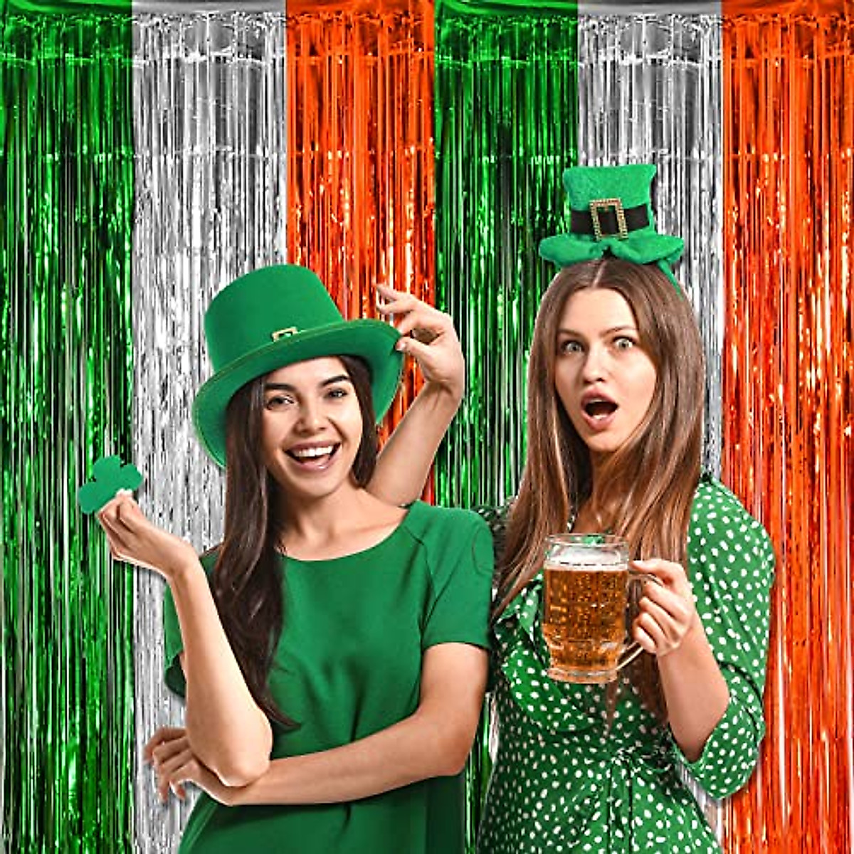 LOLStar 1 Pack St. Patrick's Day Foil Fringe Curtains St Patricks Day Party Decoration 3.3x8.2 ft Green White Orange Tinsel Fringe Curtain Photo Booth Prop Streamer Backdrop for Irish Party Decoration