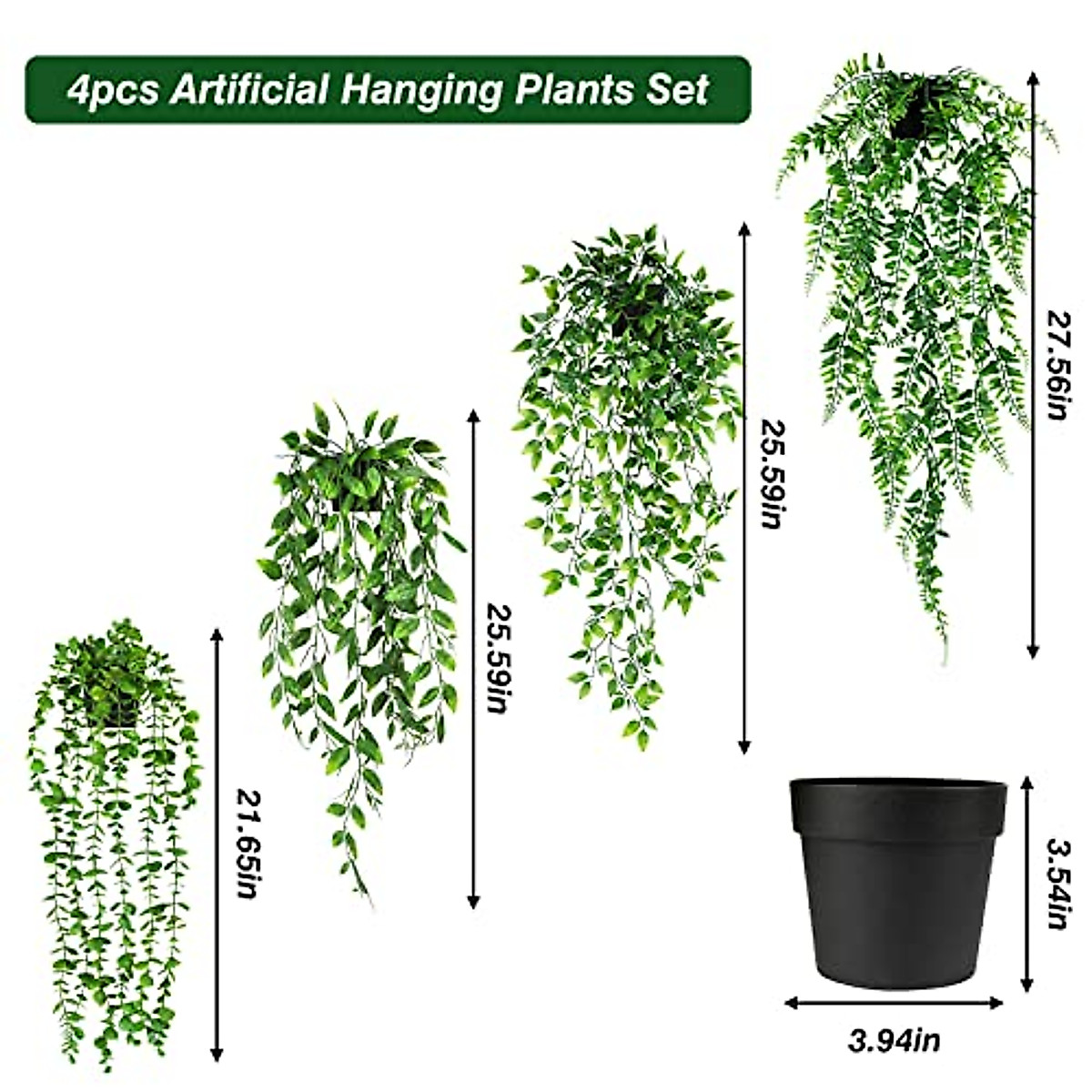 JPSOR 4pcs Artificial Hanging Plants, Fake Hanging Plants Potted Greenery Faux Persian Fern Fake Plants in Pot for Wall Room Patio Office Table Shelf Decor