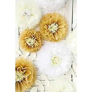 Fonder Mols Tissue Paper Chrysanth Flowers Paper Leaves DIY Crafting for Rustic Wedding Backdrop Baby Shower Nursery Decorations (Set of 15, Khaki Ivory White)