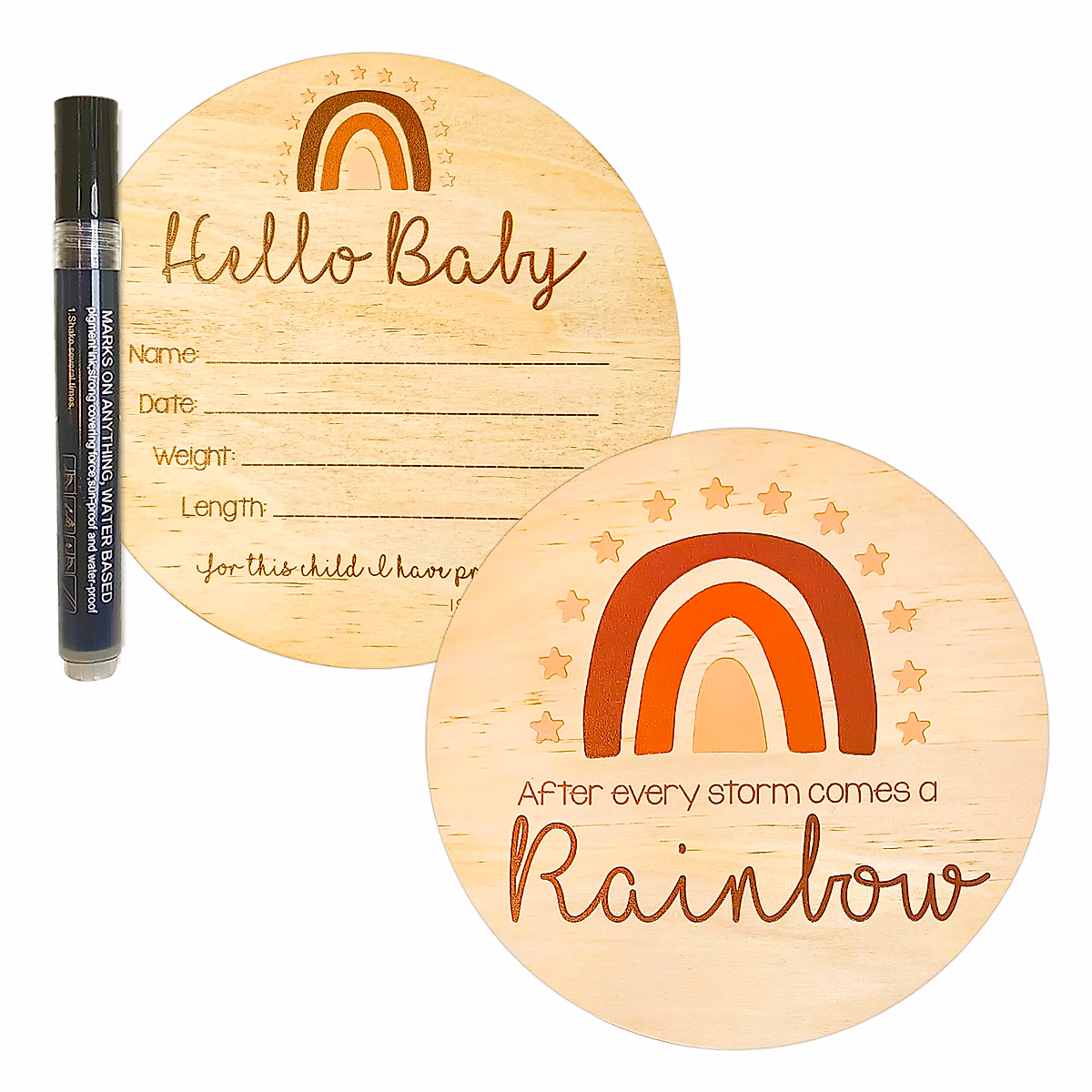 Nana's Little Angels Large Rainbow Double-Sided Baby Announcement Sign 6.5 inch “Hello Baby” Newborn Baby Name Announcement Wooden Sign with Black Paint Marker Birth Announcement Sign for Hospital