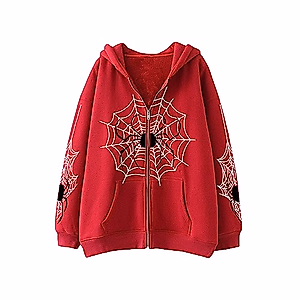 Amiblvowa Women Men Hip-hop Zip Up Hoodie Y2K Vintage Grunge Jacket Spider Graphic Oversized Sweatshirt Coat 2023 Harajuku Clothes (C-Red, L)