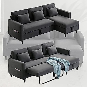 CECER Convertible Sofa Bed with Storage Chaise, L-Shaped Modern Couch with Side Pockets, Upholstered Linen Sectionals with Sleeper for Living Room/Home Office/Easy Assembly - Gray