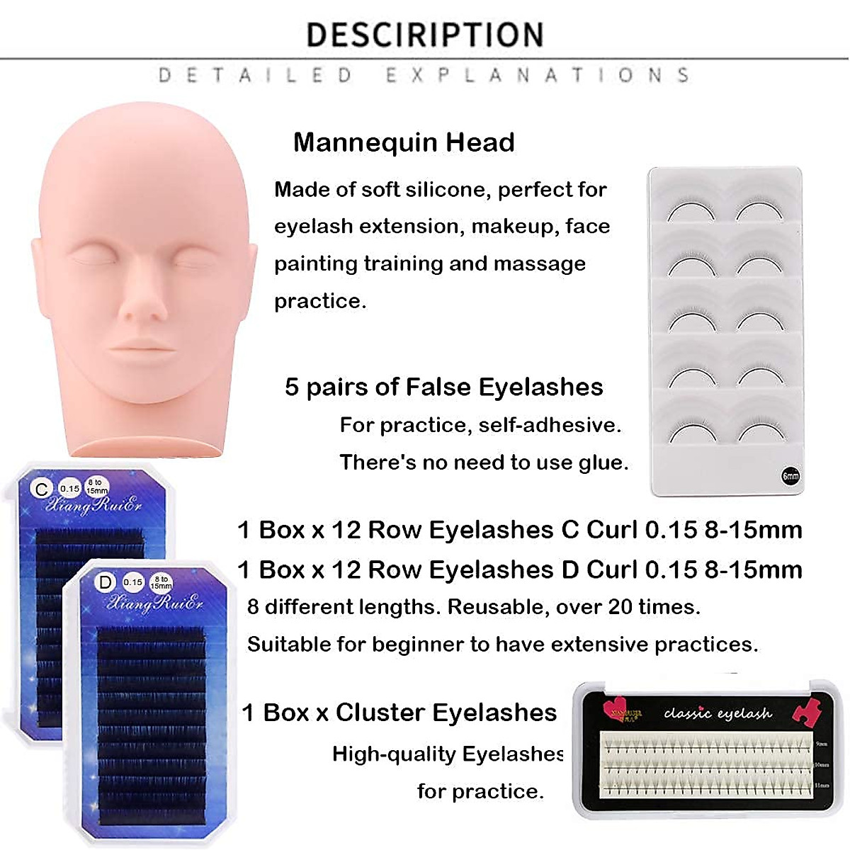 19pcs False Eyelashes Extension Practice Exercise Set, Professional Flat Mannequin Head Lip Makeup Eyelash Grafting Training Tool Kit for Makeup Practice Eye Lashes Graft White-with Glue