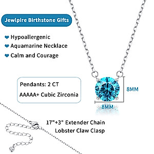 Jewlpire 18K Gold Diamond Necklaces for Women 2 Carat (8MM) CZ Birthstone Dainty Silver Necklace for Women, Christmas, Birthday Jewelry Gift for Women-Aquamarine