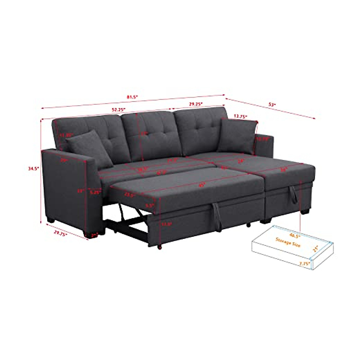 Payeel Sectional Sofa with Pull-Out Bed and Storage Chaise Lounge 81.5" Reversible Furniture Contemporary L-Shaped Fabric Sleeper Sofa for Living Room (Dark Gray)