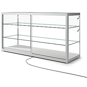 Displays2go 6’ Counter Glass Showcases with Side Lighting, Lockable, Tempered Glass Shelves, Aluminum Frame – Silver (JBQCT72LED)