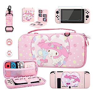 RHOTALL Cute Bunny Carrying Case for Nintendo Switch, Pink Potable Travel Case Accessories Bundle for Switch with Protective Shell, Shoulder Strap, Game Card Case, Screen Protector and 2 Thumb Caps