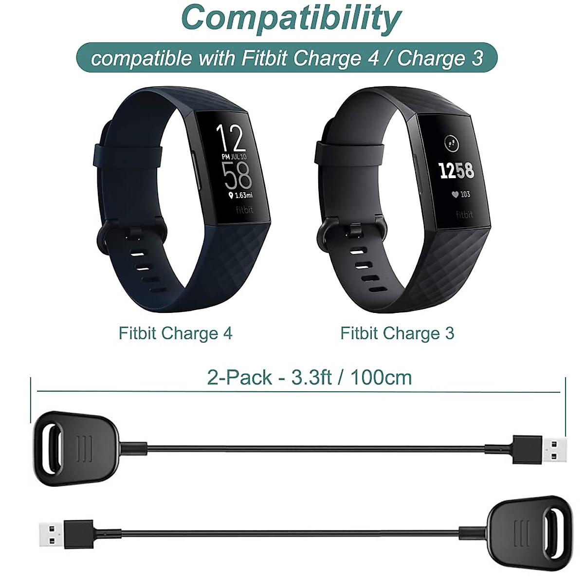 Kissmart Charger for Fitbit Charge 4, Replacement USB Charging Cable Cord Dock Adapter for Fitbit Charge 4 Fitness Wristband (2Pack, 1m/3.3ft)