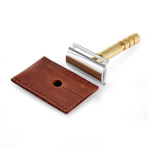 Safety Razor Head Protecting Leather Cover, Genuine Cowhide Leather Double Edge Safety Razor Case Accessories for Travel, Butterfly Razor Case (Cognac)