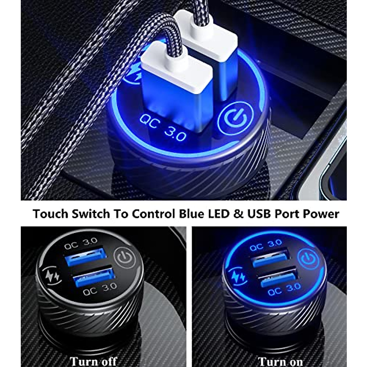 Car Charger, BRCOVAN Dual QC3.0 Port USB Car Charger Adapter, 36W 3A Fast Charge Car Phone Charger with Touch Switch & Blue LED