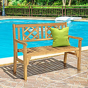 Giantex Patio Wooden Bench, 4 Ft Foldable Acacia Garden Bench, Two Person Loveseat Chair with Curved Backrest and Armrest Ideal for Patio, Porch or Balcony (Teak)