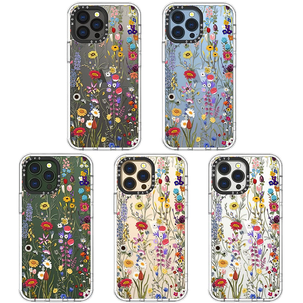 MOSNOVO Case for iPhone 13 Pro Max, [Buffertech 6.6ft Military-Grade Drop Protection] [Anti Peel Off Tech] Clear TPU Bumper Phone Case Cover Design - Wildflower Meadow