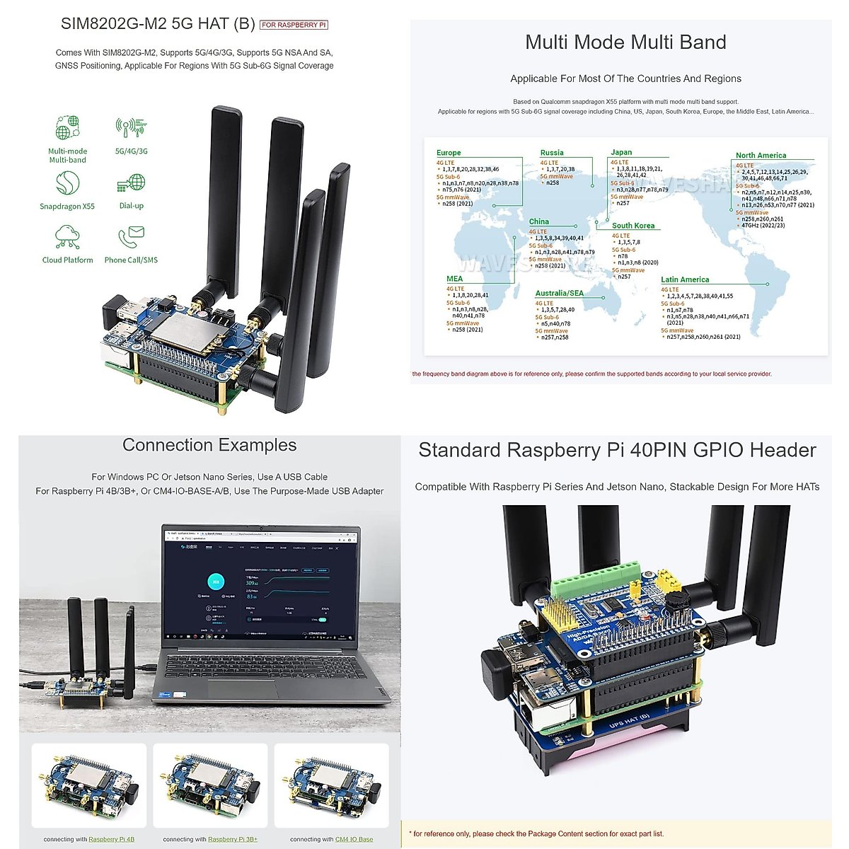 waveshare SIM8202G-M2 5G HAT (B) for Raspberry Pi Snapdragon X55 Quad Antennas 5G NSA Multi Band 5G/4G/3G Compatible Applicable for Regions with 5G Sub-6G Signal Coverage