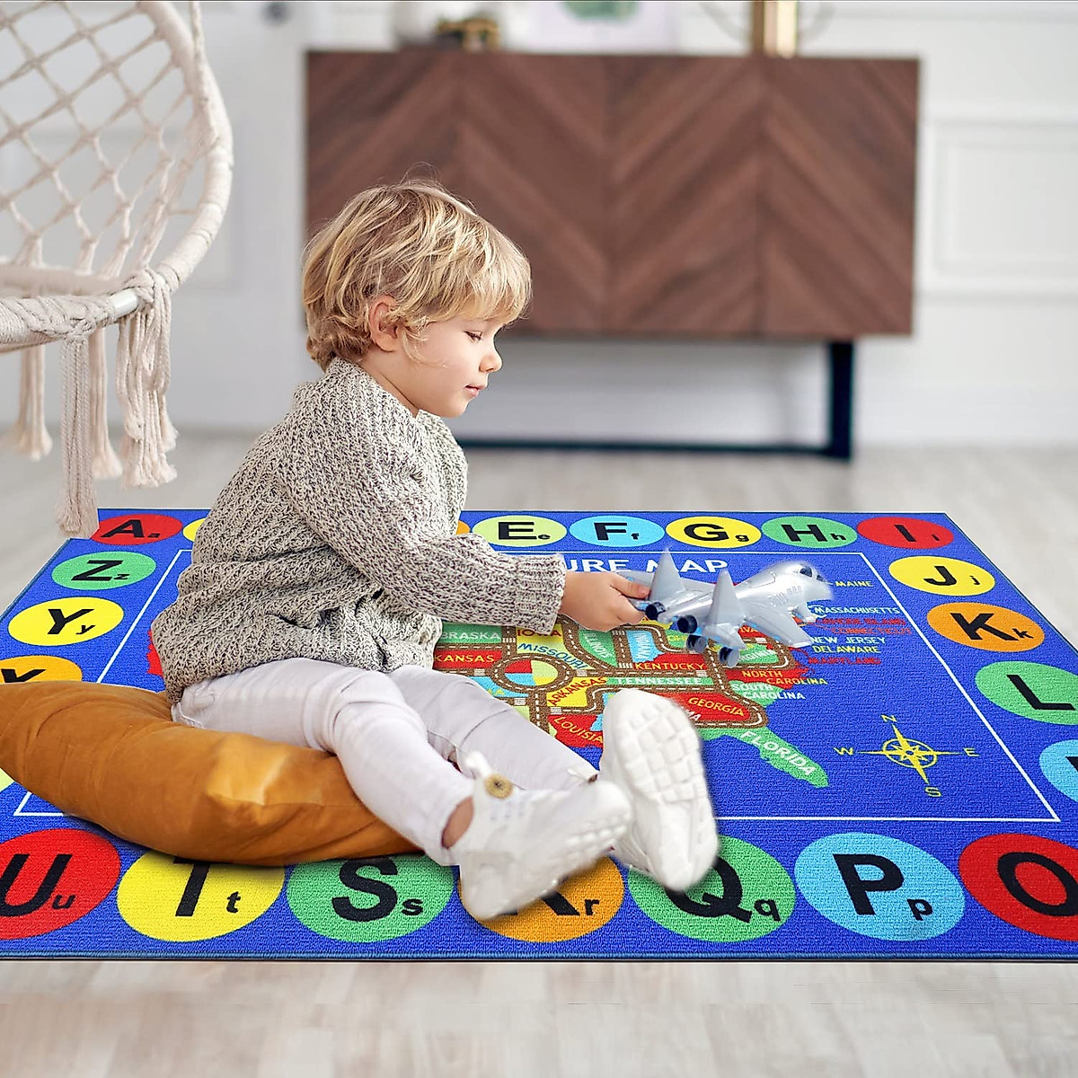 Capslpad Kids Rug USA Map Kids Play Rug 6'6"x 5' Large Size ABC Alphabet Educational Learning Classroom Area Rug Non Skid City Road Car Rug Play Mat for Children Bedroom Playroom Nursery Room