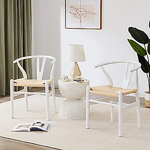 Farini Dining Room Chairs Wishbone Rattan Chair Solid Wood Armchairs Y Shaped Backrest Hemp Seat for Home Restaurant Fully-Assembled(Set of 2,White-Beige Seat)