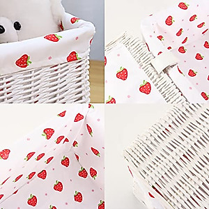 KINGWILLOW Rectangular Storage Basket, Wicker Storage Bin with Lid for Clothes Books Sundries (Strawberry Pattern Lining, Large)