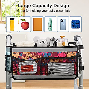 supregear Walker Basket, Large Capacity Walker Organizer Bag with 4 Mesh Pockets and Reflective Stripe Hook & Loop Design Storage Bag for Walker Carry Accessories, Floral
