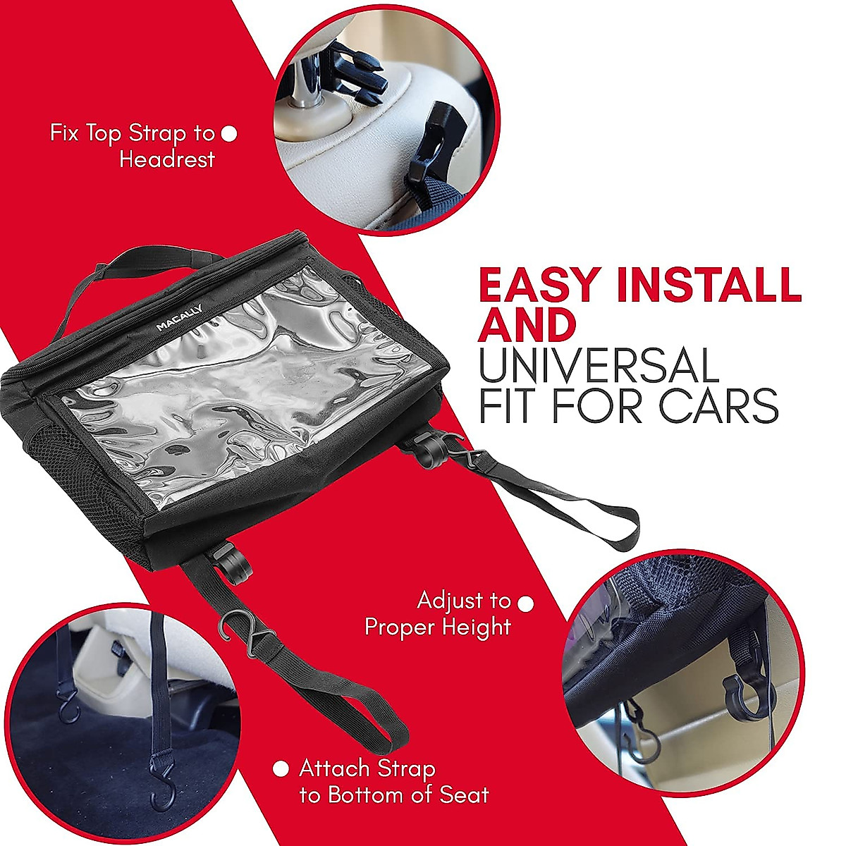 Macally Tablet Holder for Car Back Seat - A Must Have Organizer and Rear Facing Backseat iPad Holder for Kids on Long Drives - Hanger Case Compatible with Any Vehicle Headrest and Tablets up to 10.5”