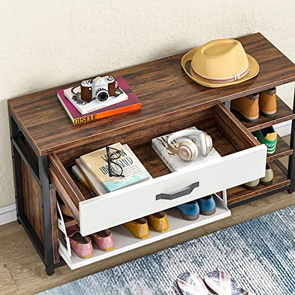 Tribesigns Flip Drawer Shoe Storage Bench, Hidden Shoe Cabinet with Drawer and 4 Tiers Shelves, 4 in 1 Tipping Bucket Shoe Storage Rack for Entryway, Hallway, Living Room, Rustic Brown & White