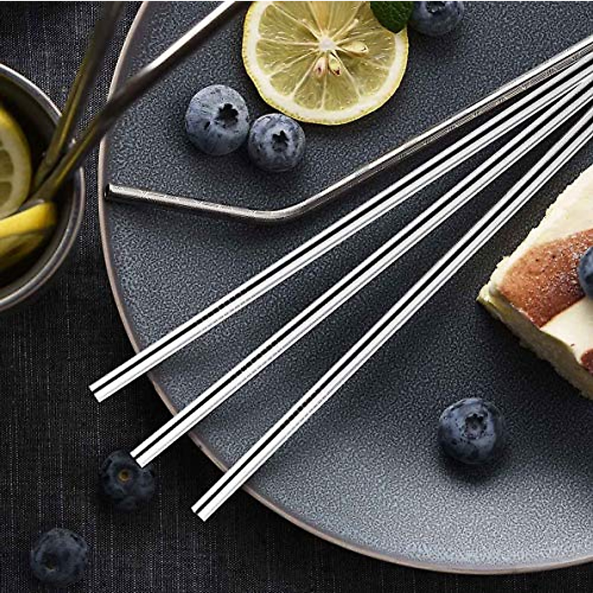 Set of 8 in 1 pack Reusable Stainless Steel Metal Straws- Long 215mm- Regular Size 6 mm Wide - Compatible - 4 Straight+ 4 Bent+ 2 Brushes+ 8 silicon tip+ 1 Pouch (silver, 8.5inch)