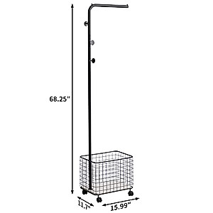 DOEWORKS L-Style Laundry Rolling Basket Cart with Clothes Hanging Bulter and Wheels, Laundry Hamper Sorter for Lavatory with Hanging Bar, Black