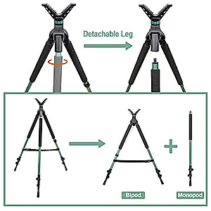 HUNTPAL Aluminum Hunting Shooting Stick Rifle Tripod Gun Rest with Removable 360° Horizontal Rotation 90° Swing Leg, Adjustable Telescope Monopod Bipod with V Yoke Head & Interchangeable Spike Feet